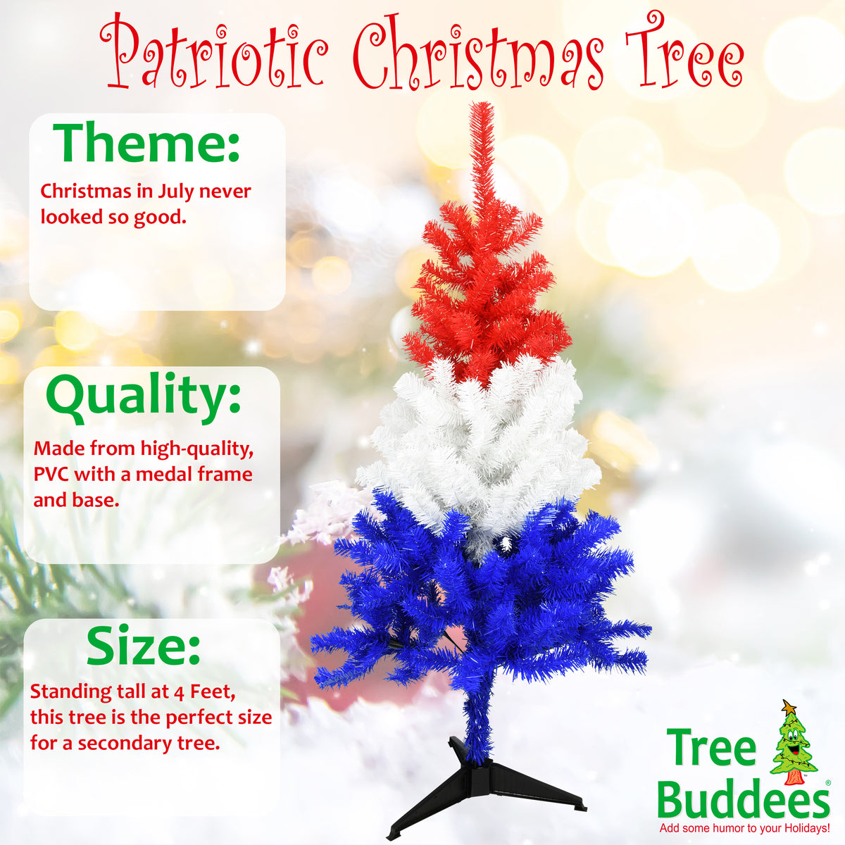Red White and Blue Patriotic 4 Foot Tall Christmas Tree| Tree Buddees